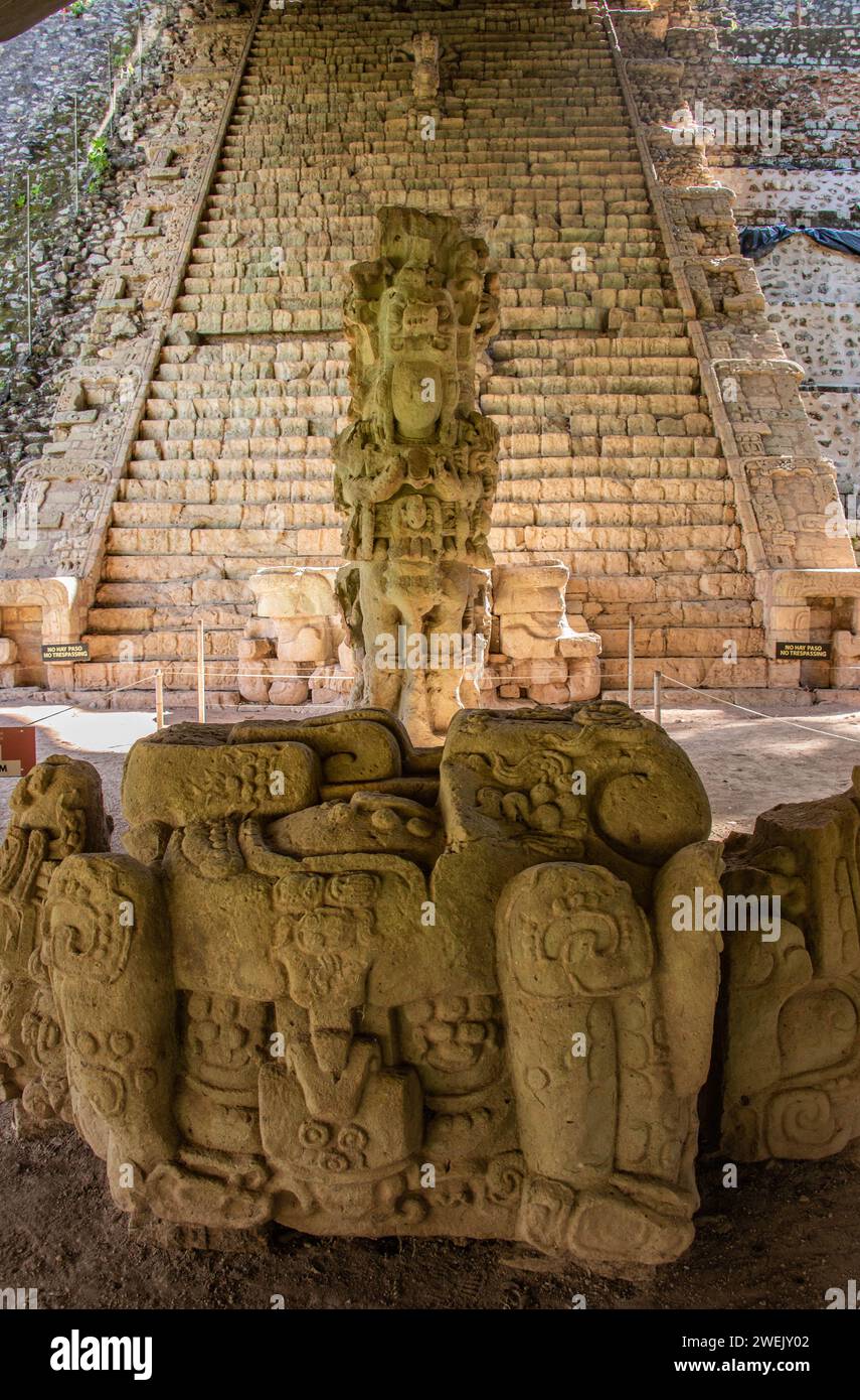 Hieroglyphic stairway and stela at the Copan Mayan Ruins, Copan Ruinas ...
