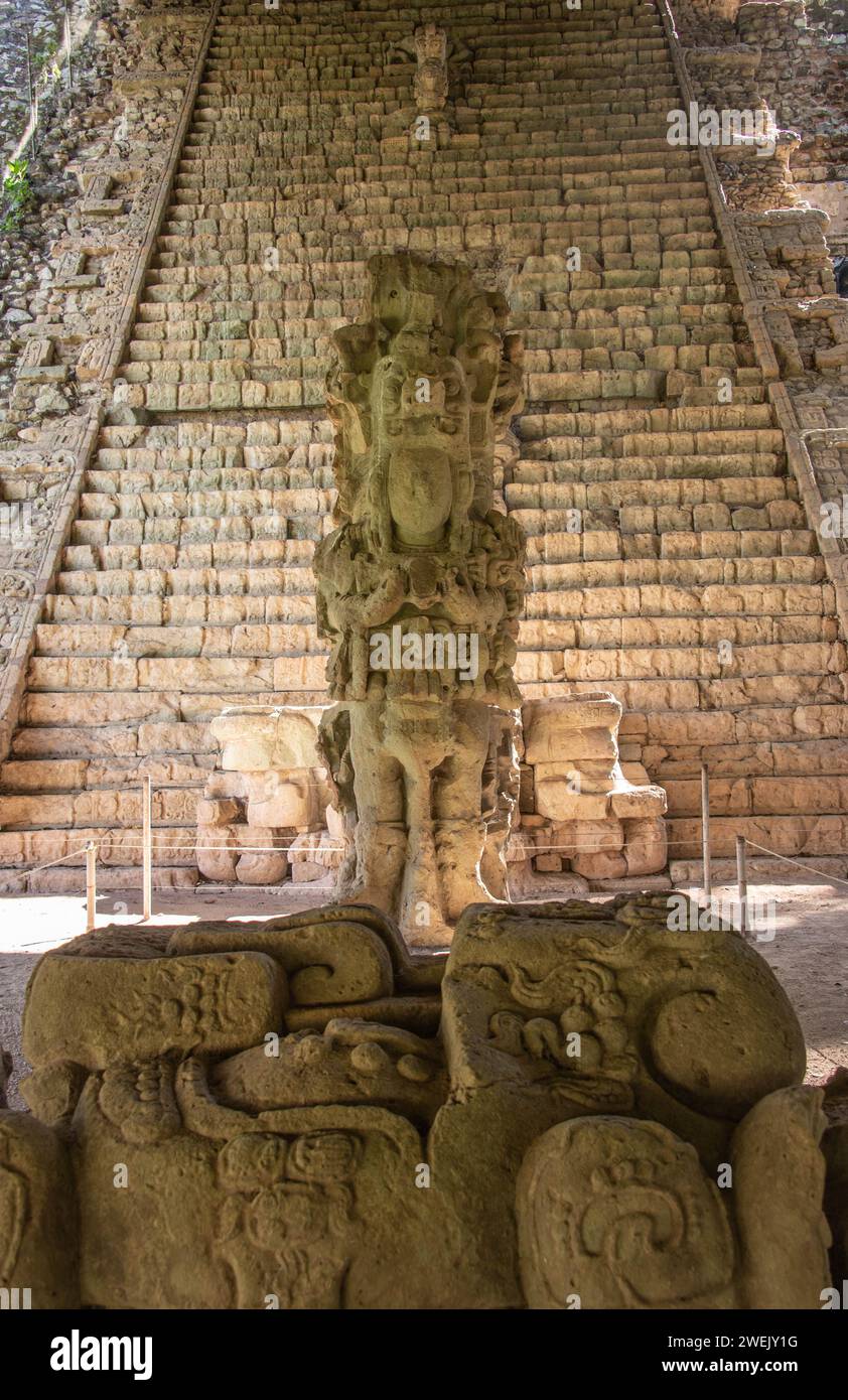 Hieroglyphic stairway and stela at the Copan Mayan Ruins, Copan Ruinas ...