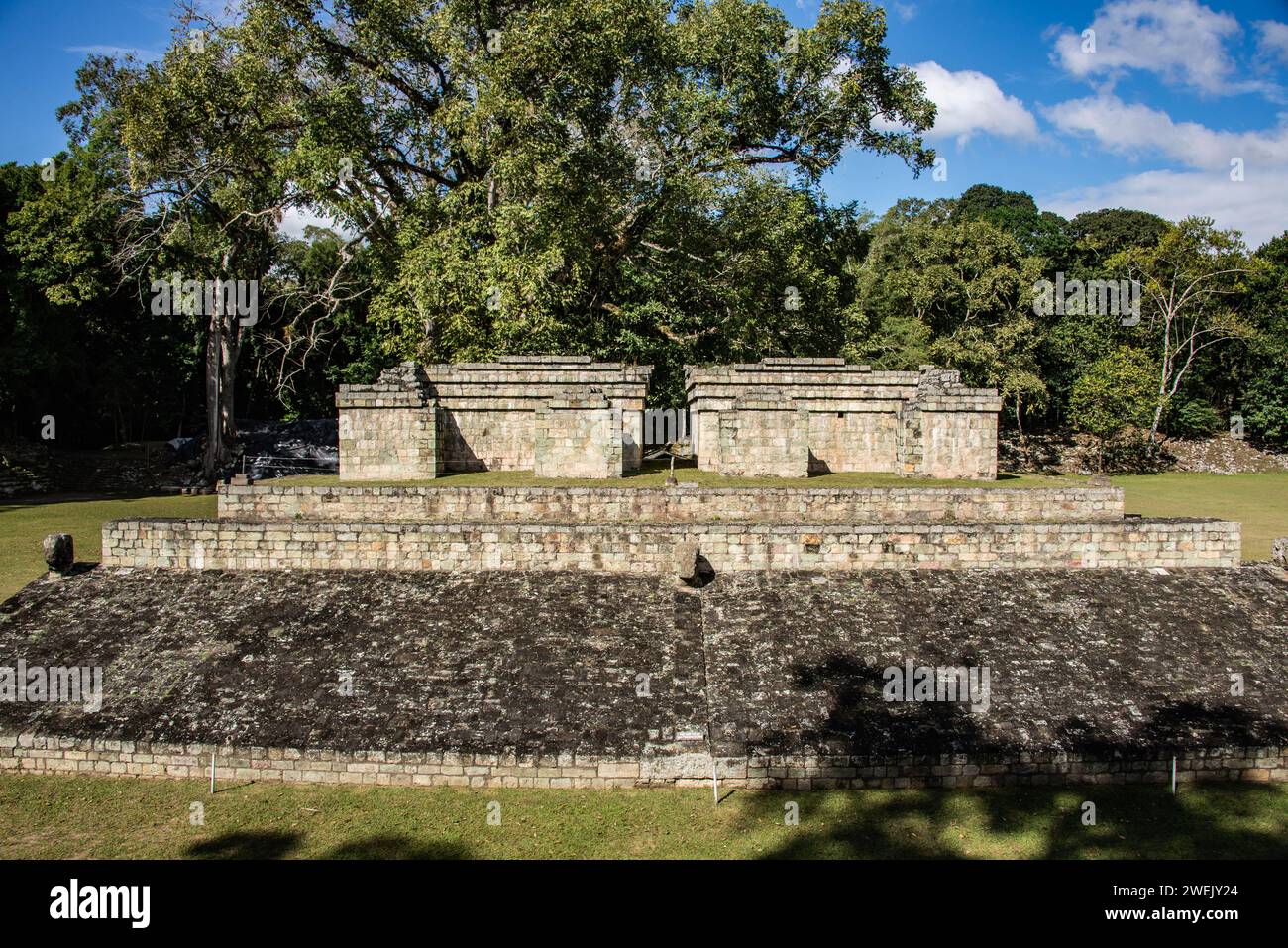 View of the Ball Court at the Copan Mayan Ruins, Copan Ruinas, Honduras ...