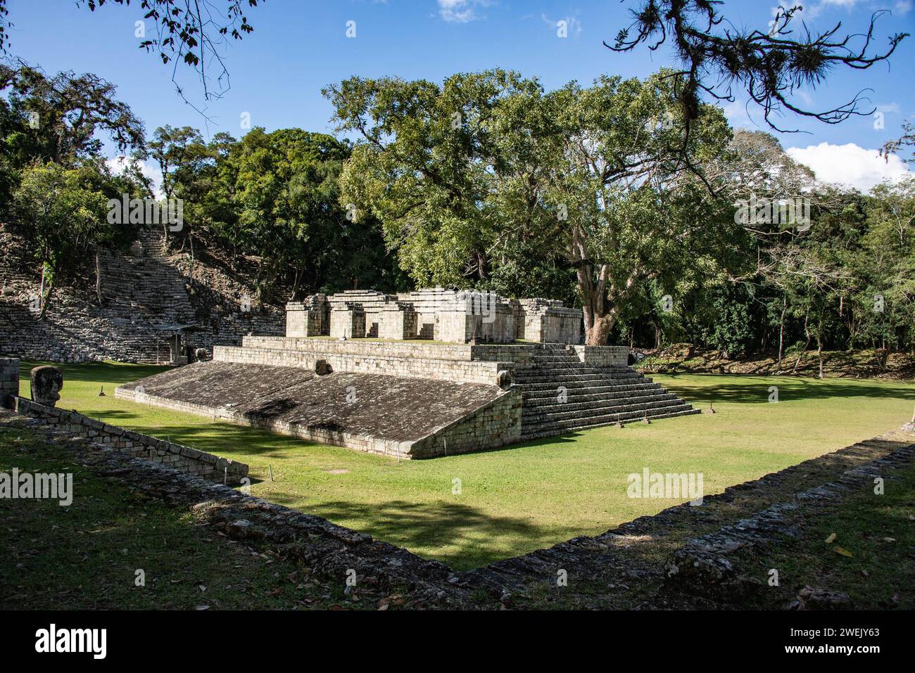 View of the Ball Court at the Copan Mayan Ruins, Copan Ruinas, Honduras ...