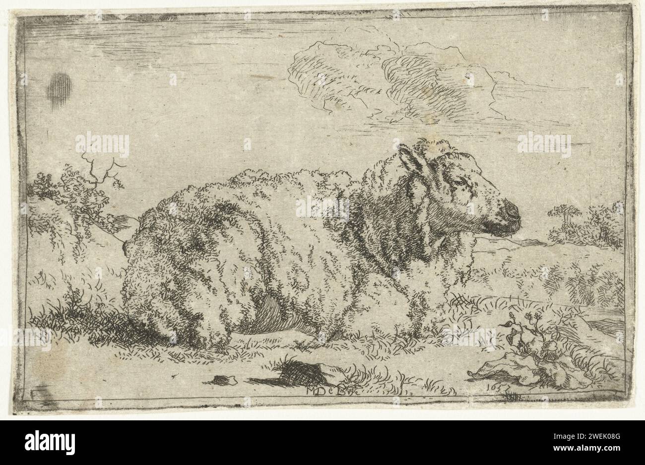 Resting sheep, and Profil, Marcus de Bye, 1657 print paper etching ...