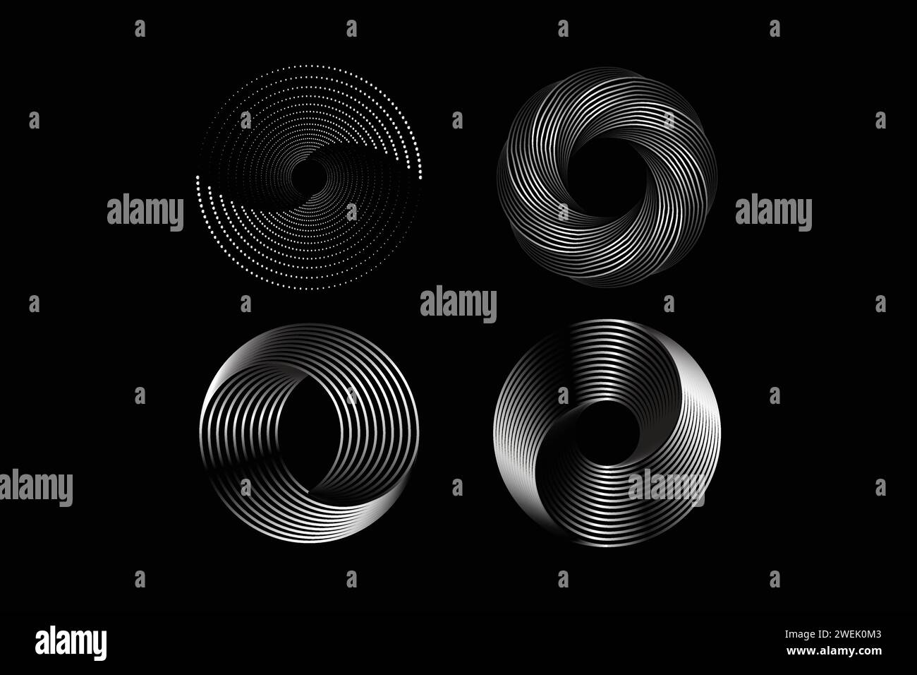 Abstract spiral circle logo vector design set of four on isolated black ...