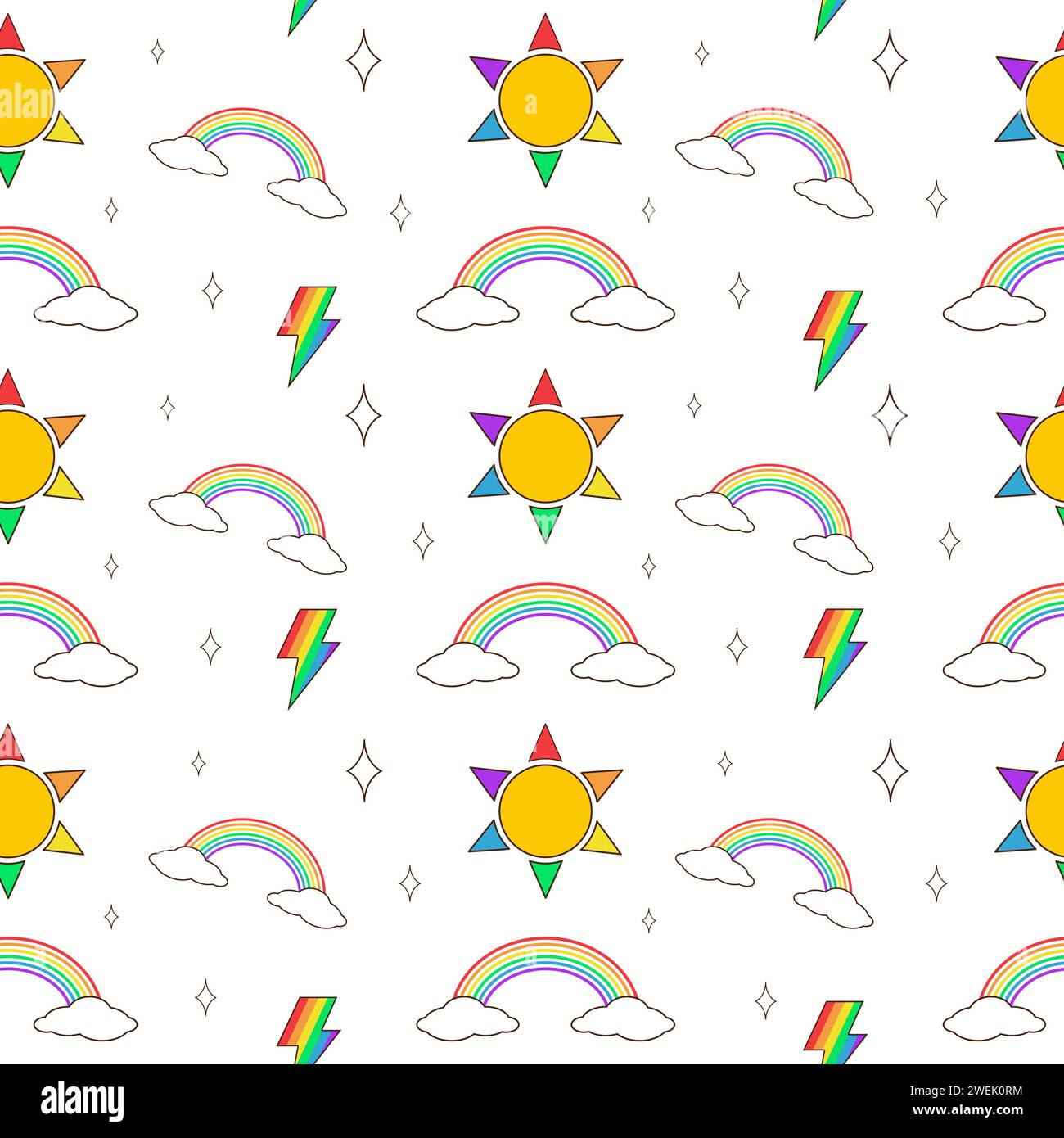 Pride color seamless pattern with rainbow, clouds, smiley face sun and ...