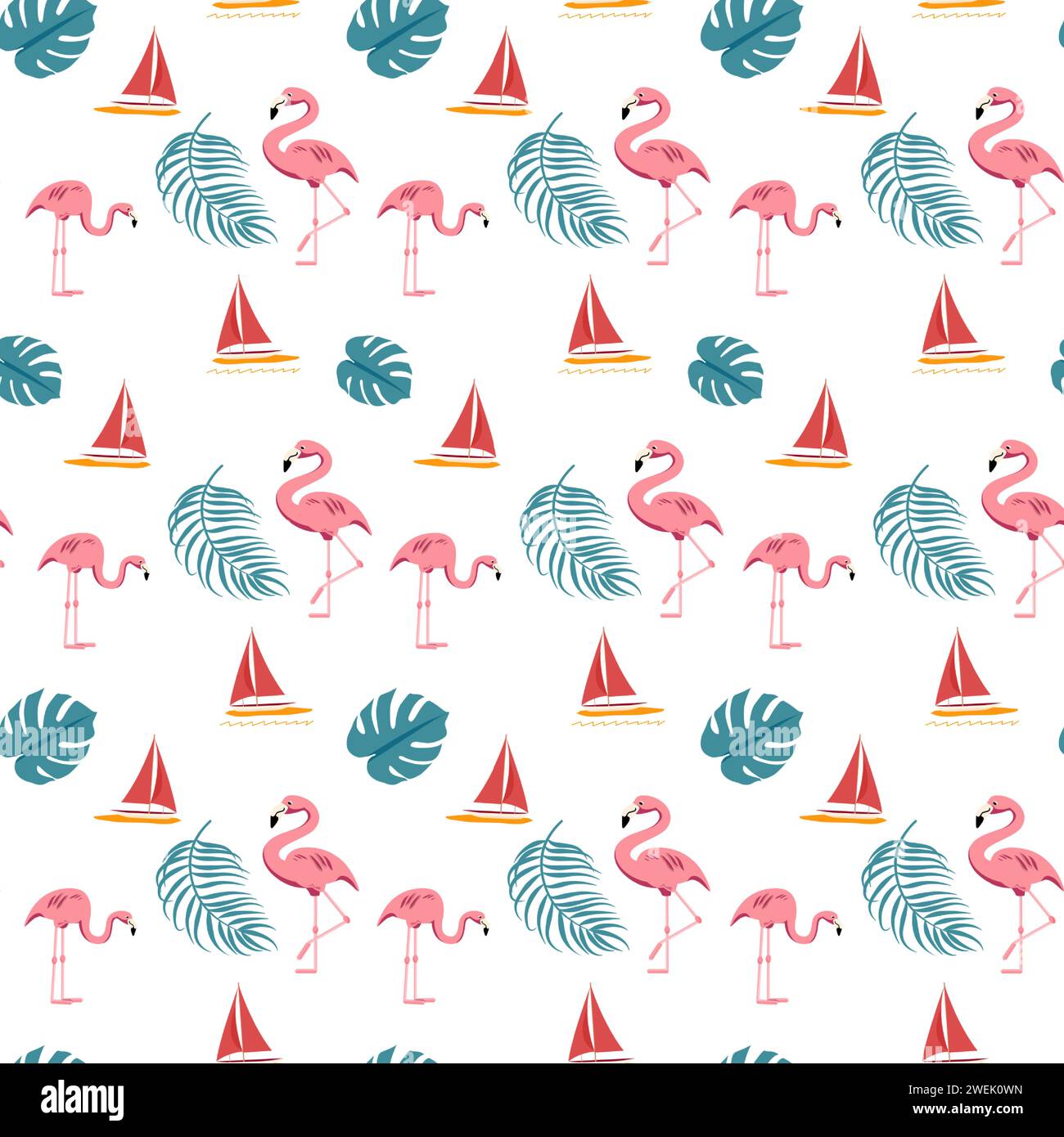 Summer seamless pattern background with flamingo birds, sailboats and ...