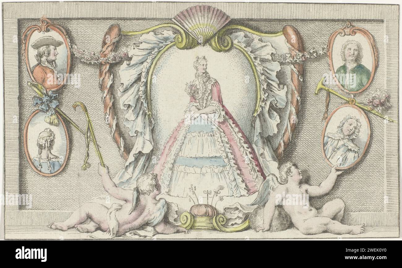 Standing woman, two putti and four medallions, 1730 Woman, seen from ...