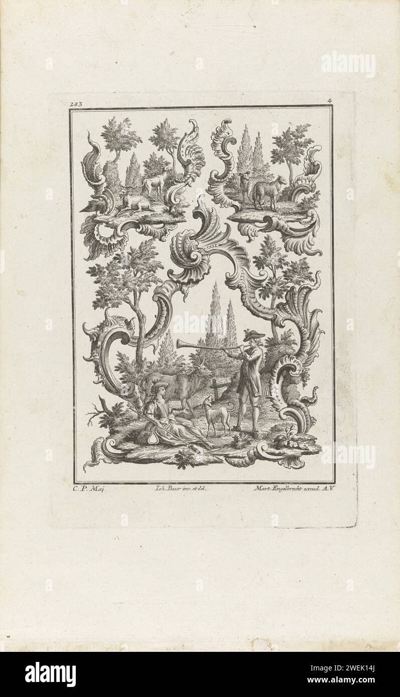 Herderin and a shepherd with Midwinterhoorn, 1719 - 1749 print Three ...