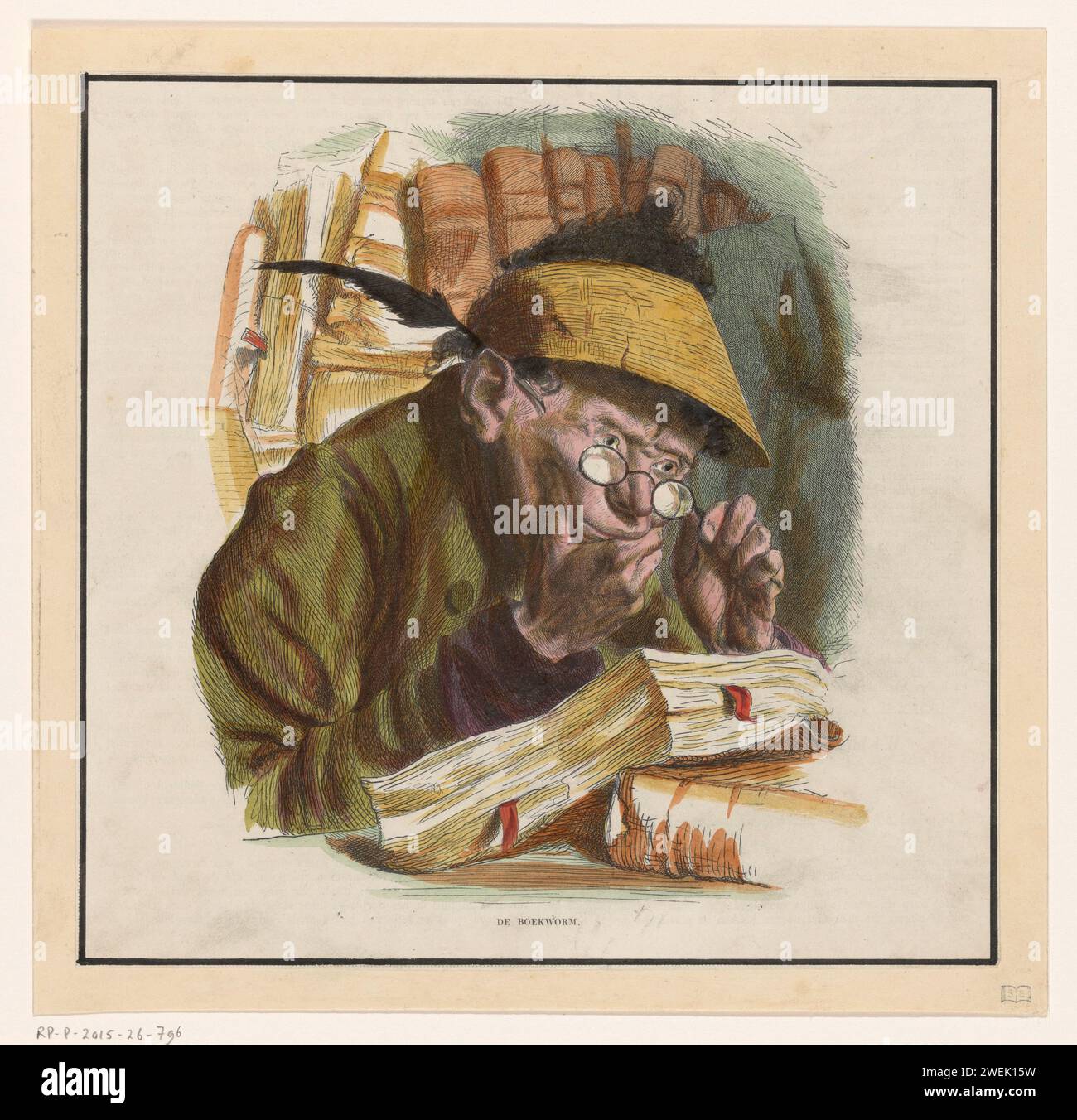 Man bent over a book, a writing spring behind his ear, c. 1850 - c ...
