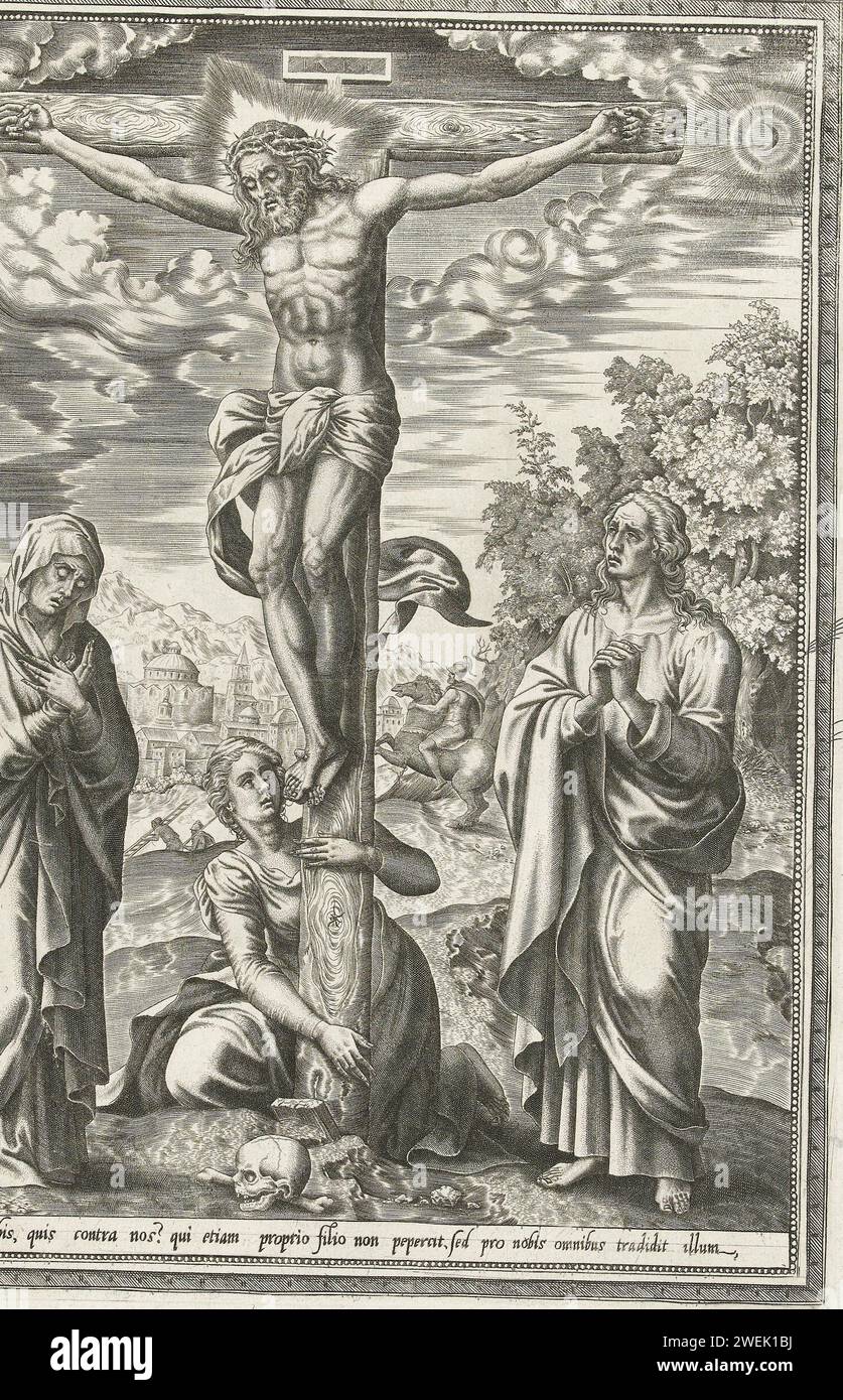 Crucifixion with Maria, Johannes the Baptist and Maria Magdalena, Hieronymus Cock, after ...
