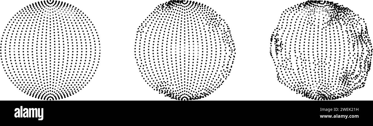 Set of dotted spheres with dissolve effect. Stippled disintegrating ...