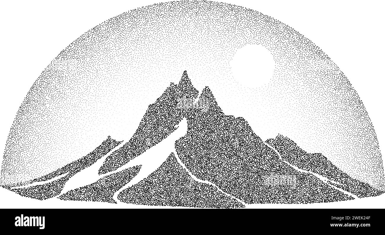 Grain stippled mountain range. Dotted landscape terrain silhouette ...