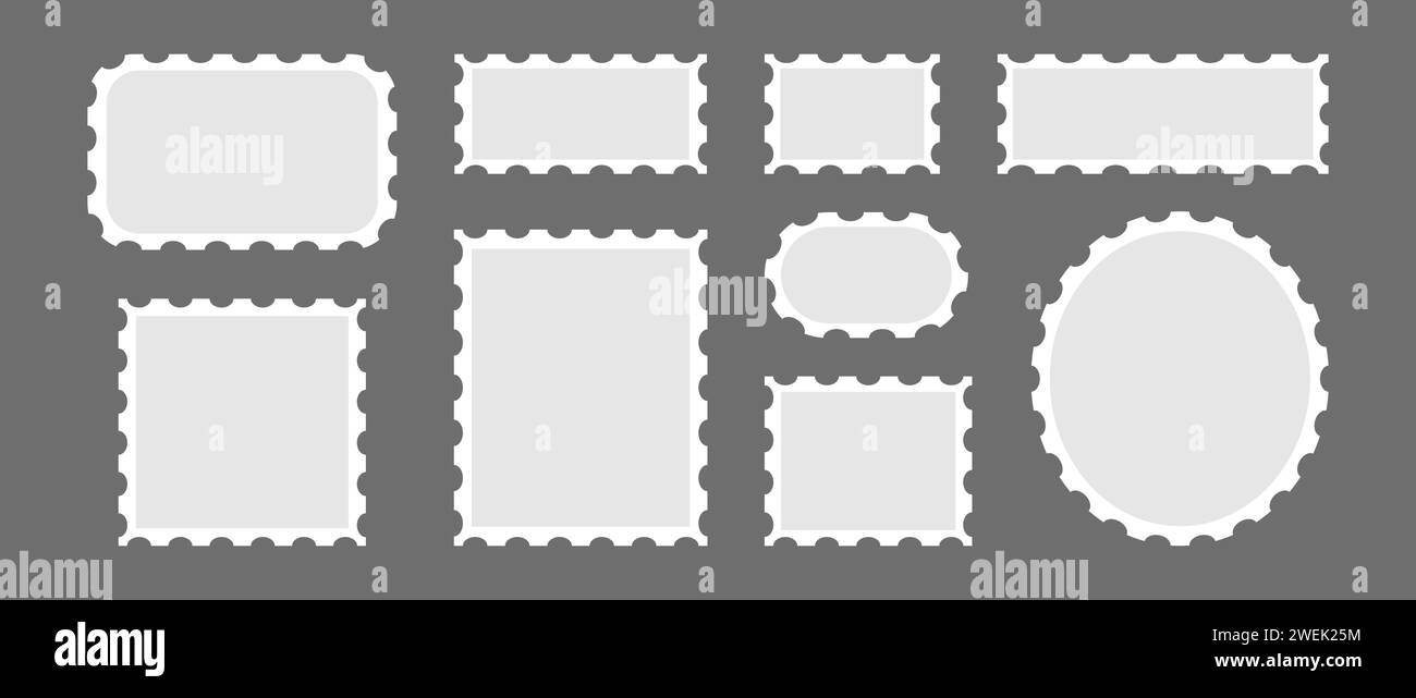 Postage stamp set. Post stamp frame or border. Grey round, square ...