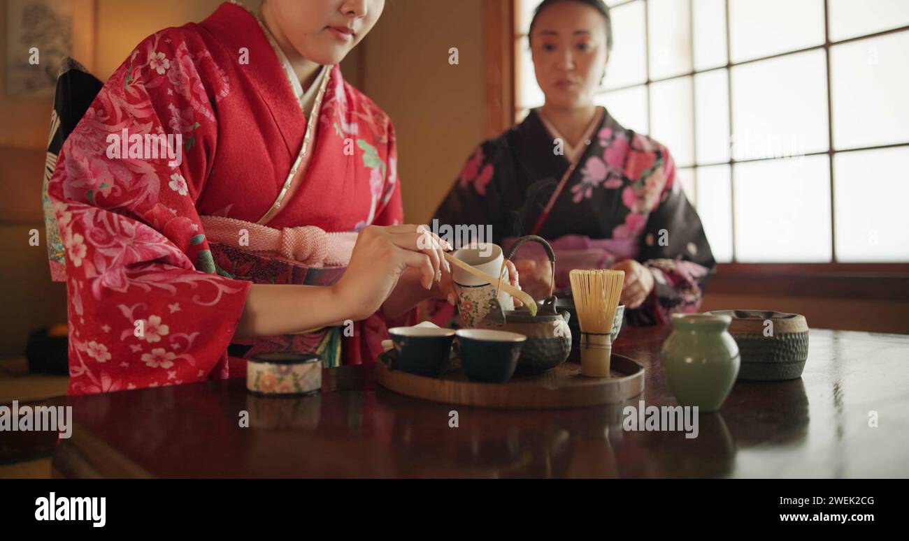 Traditional, teapot and Japanese women with tea for culture with herbs ...
