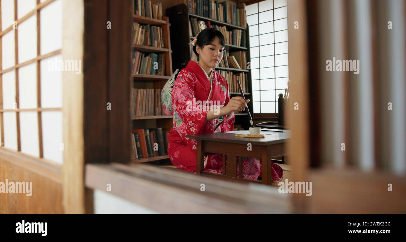 Painting, Japanese woman and brush with ink, creativity and traditional ...