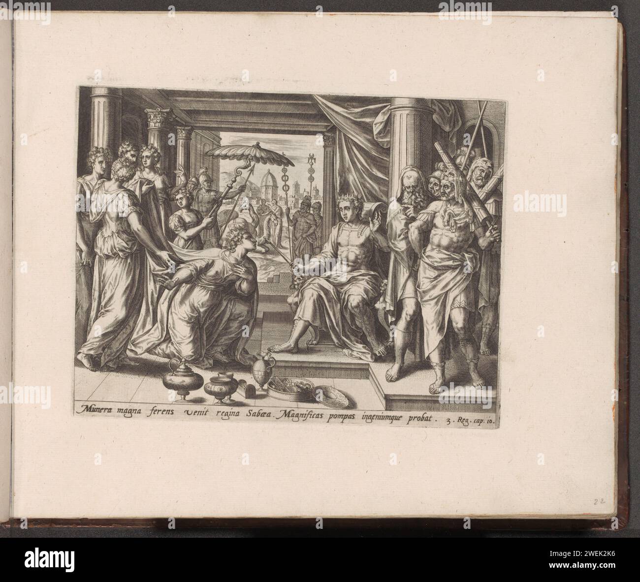 Solomon receives the queen of Seba, 1579 print The queen of Seba kneels ...