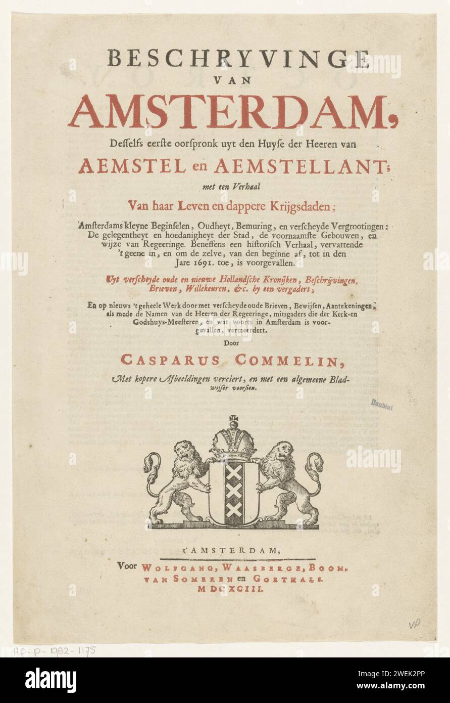 Coat of arms of Amsterdam, Anonymous, 1693 print Crowned shield with ...