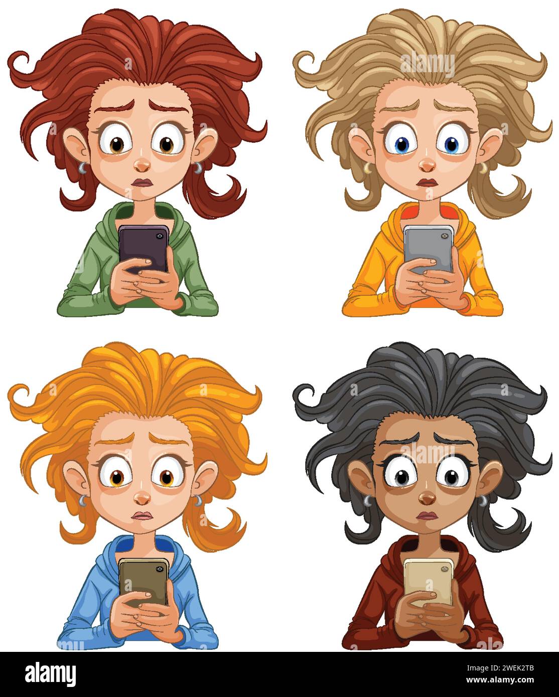 Four cartoon characters reacting to their phones Stock Vector Image ...