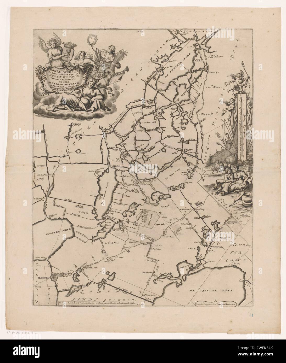 Map of De Grietenij Doniawerstal, 1718 print At the top left Cartouche ...