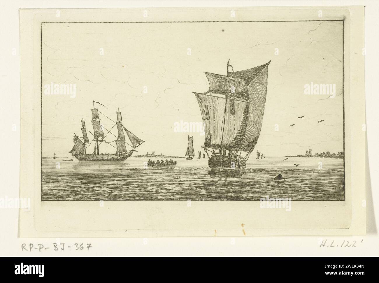 River view with sailing ships and a rowing boat with seven people ...