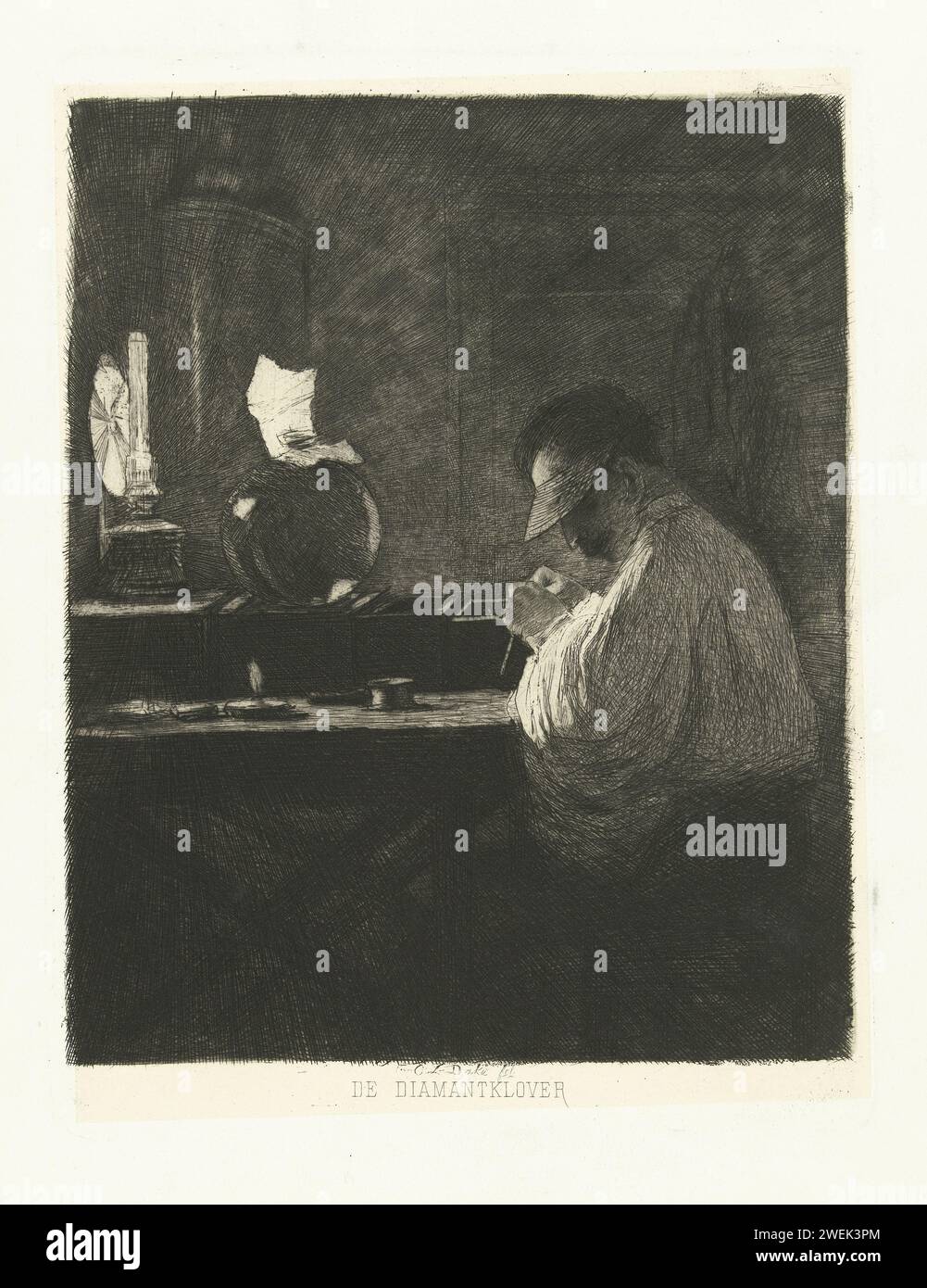 Diamond worker at work in his workshop, Carel Lodewijk Dake, 1867 ...