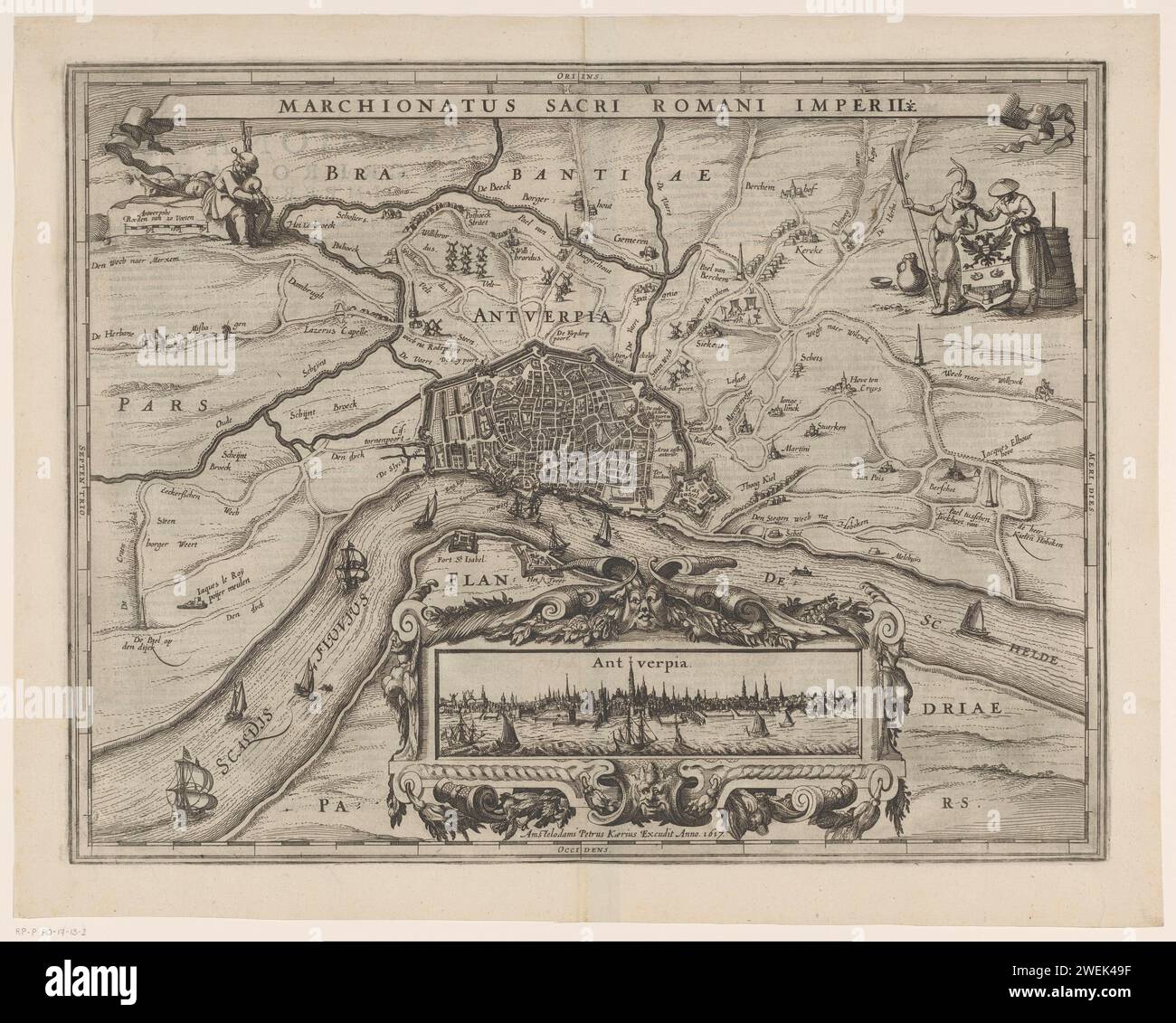 Map of Antwerp with cityscape, Anonymous, 1617 - 1622 print Map of ...