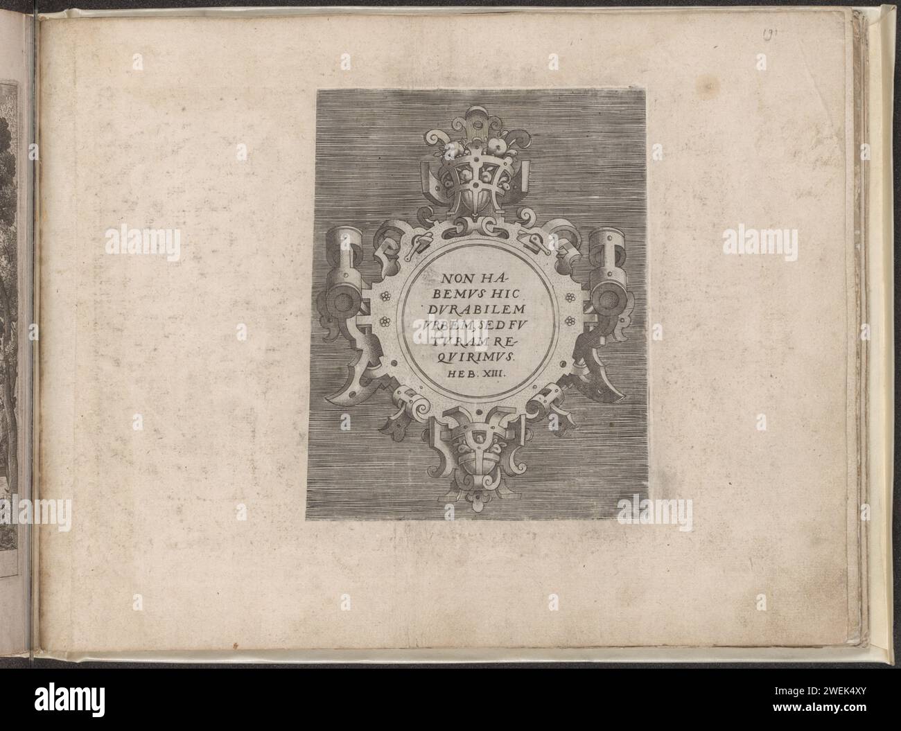 Cartouche with a text from the Bible book Hebrews, 1555 print Around ...