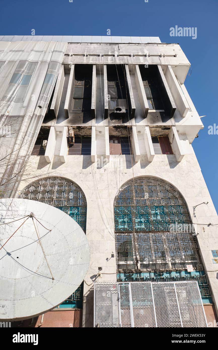 Detail of a burned out, damaged building in Republic Square. The fire ...