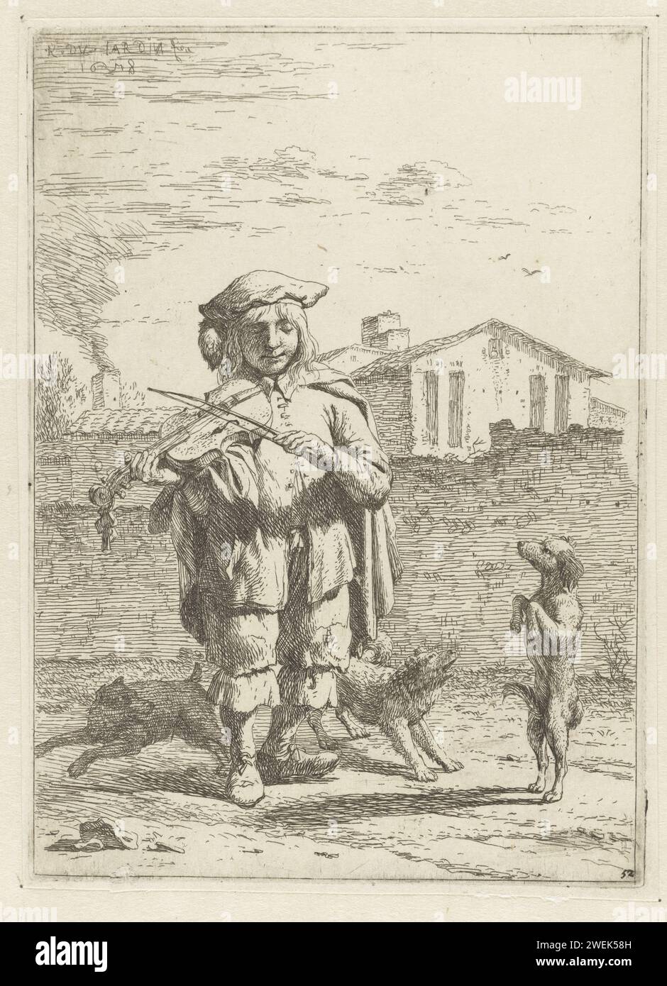 Violin player with three dogs, Karel du Jardin, 1658 print paper ...