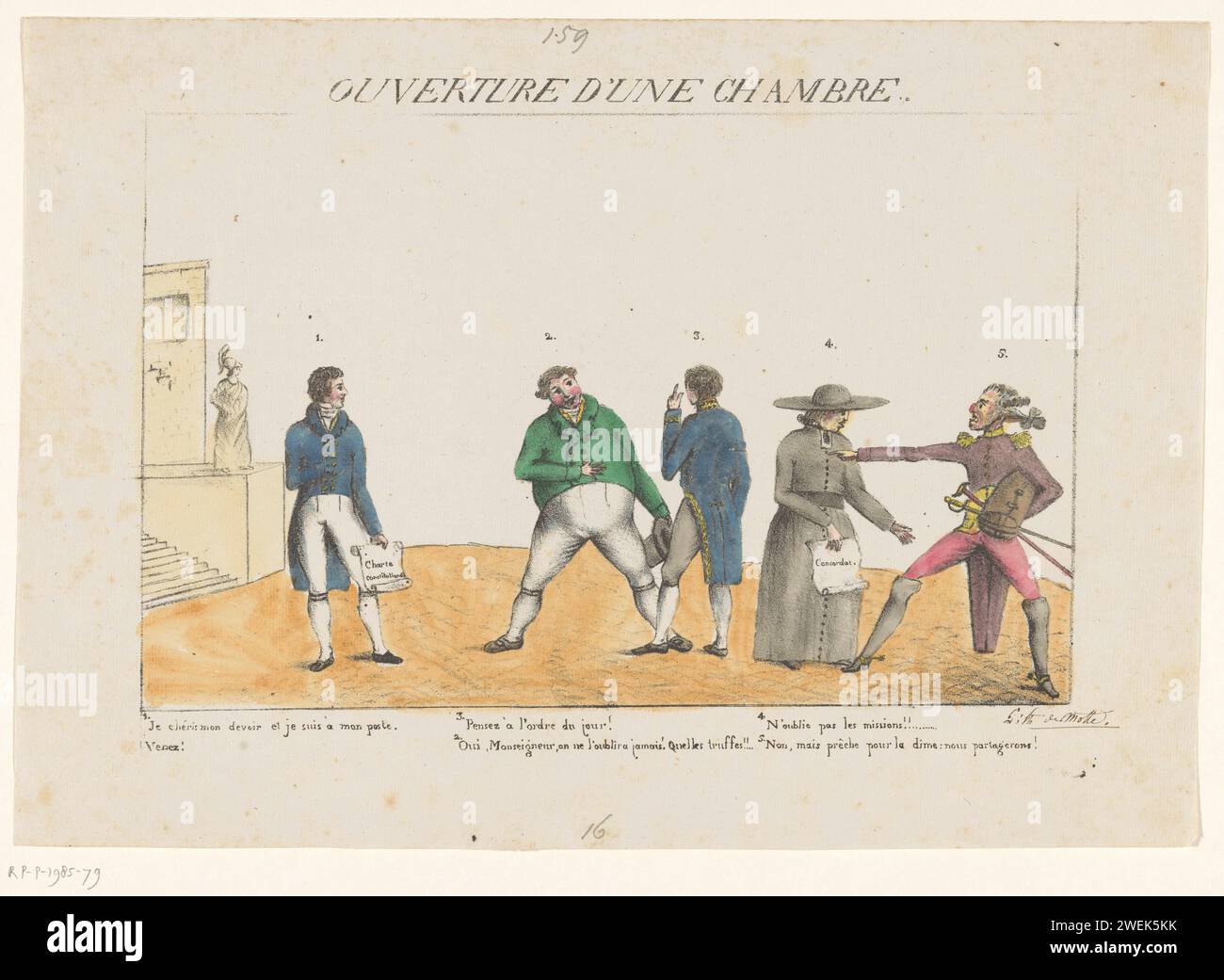 Opening of a room, 1800 - 1836 print French cartoon with five people ...