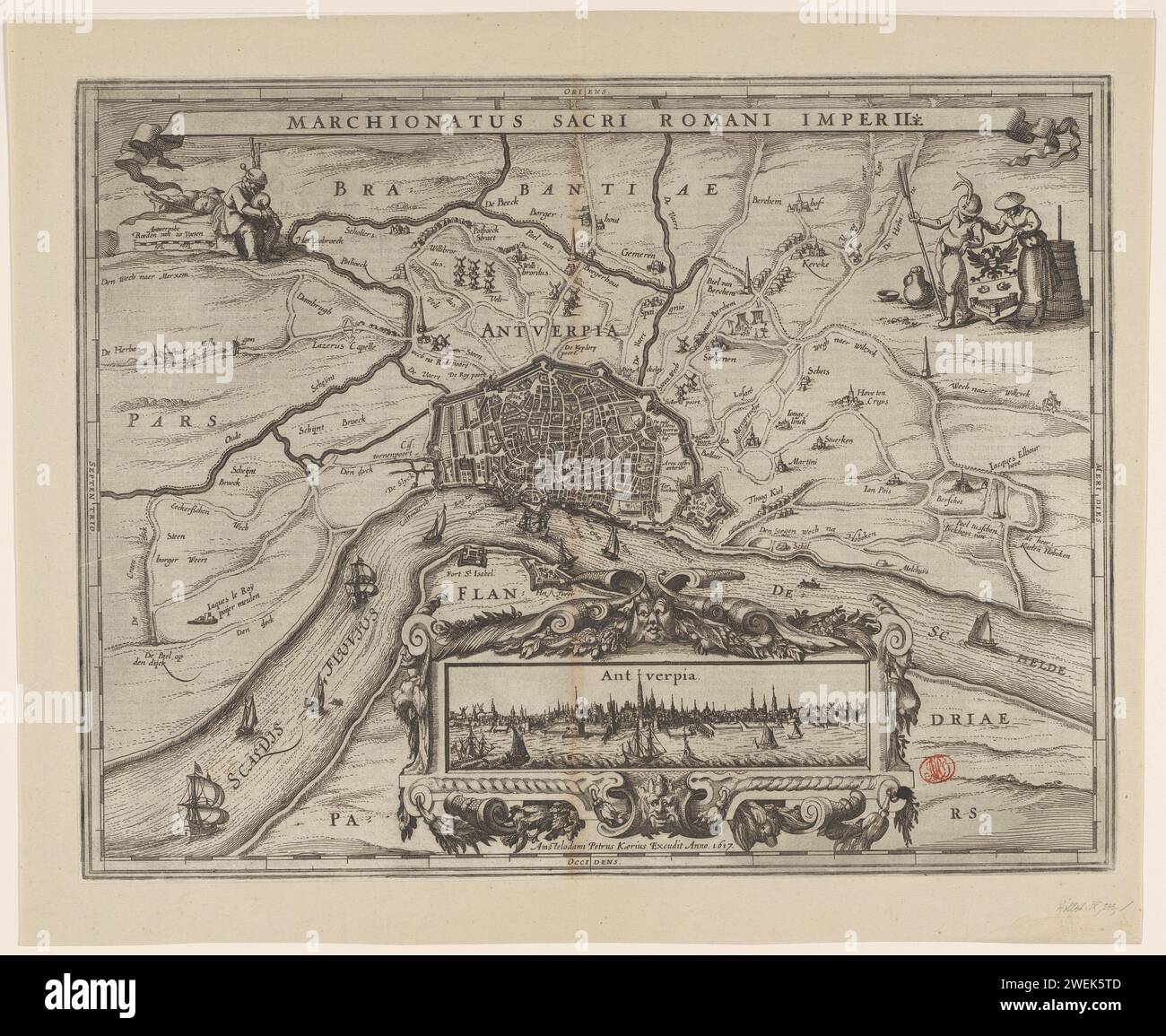 Map of Antwerp with cityscape, Anonymous, 1617 - 1622 print Map of ...