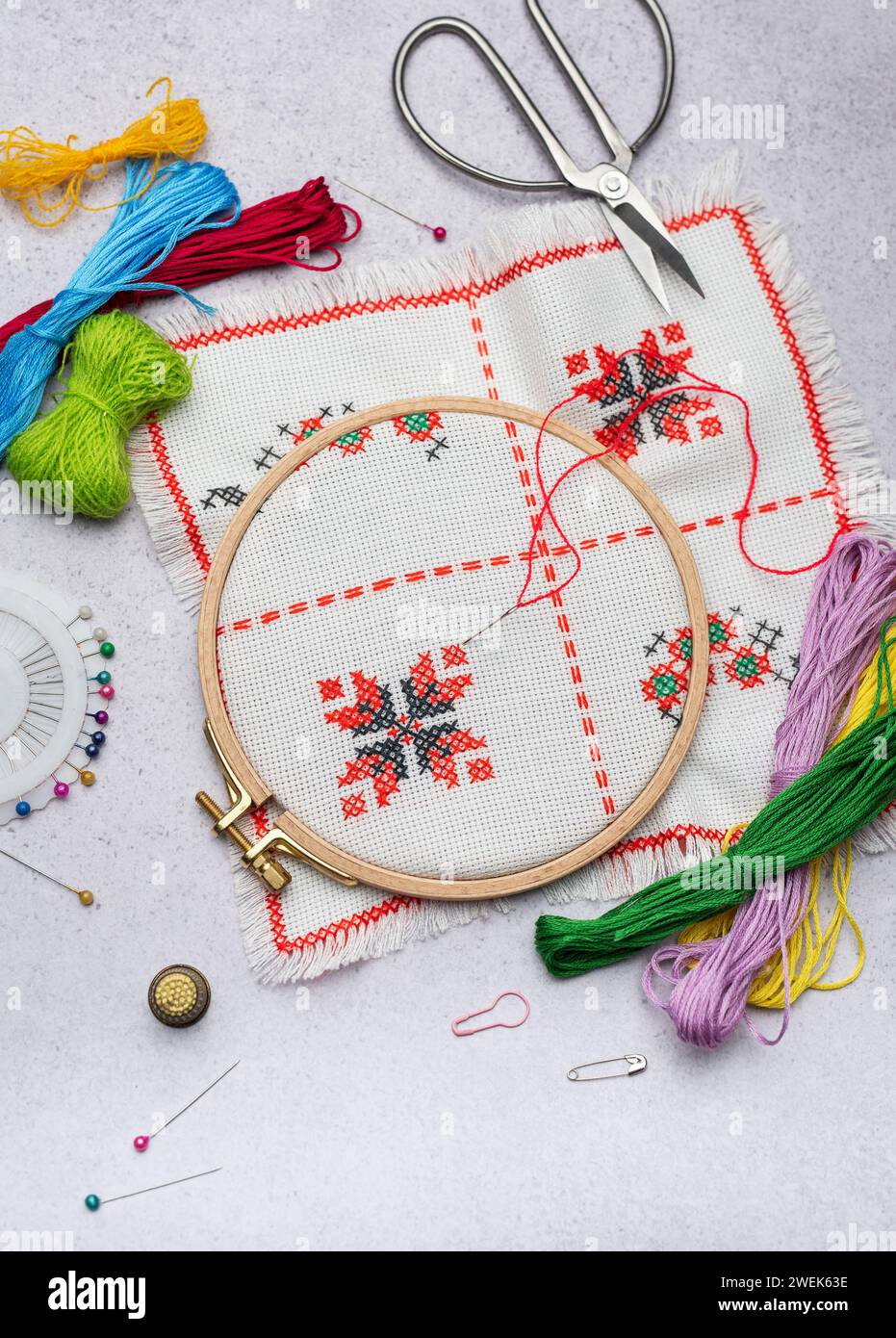 Hand embroidery cross stitch flower ornament hi-res stock photography ...