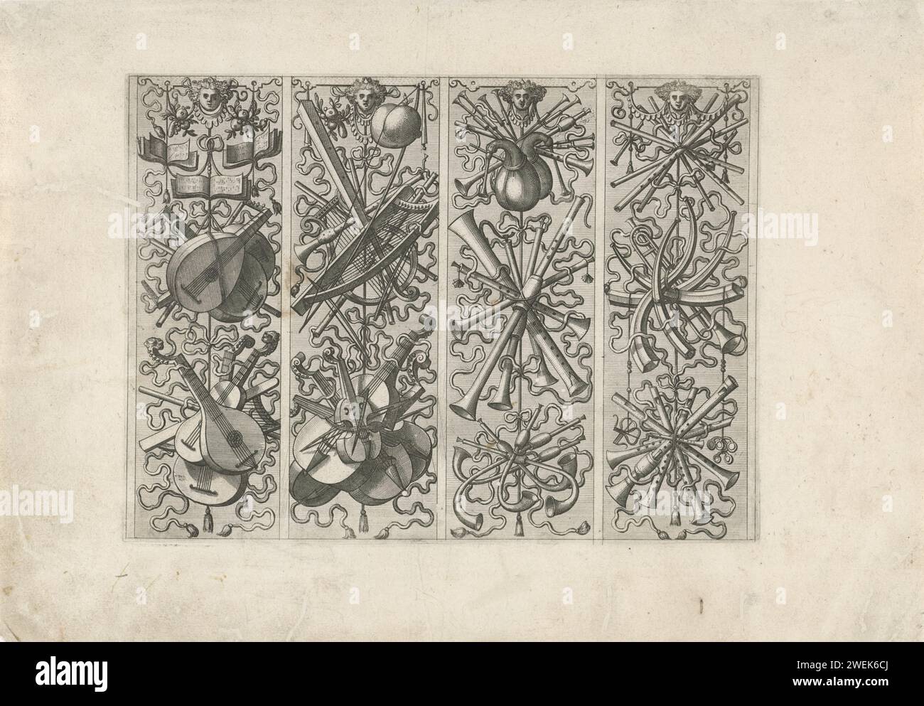 Four vertical trophies with musical instruments, Johannes or Lucas van ...