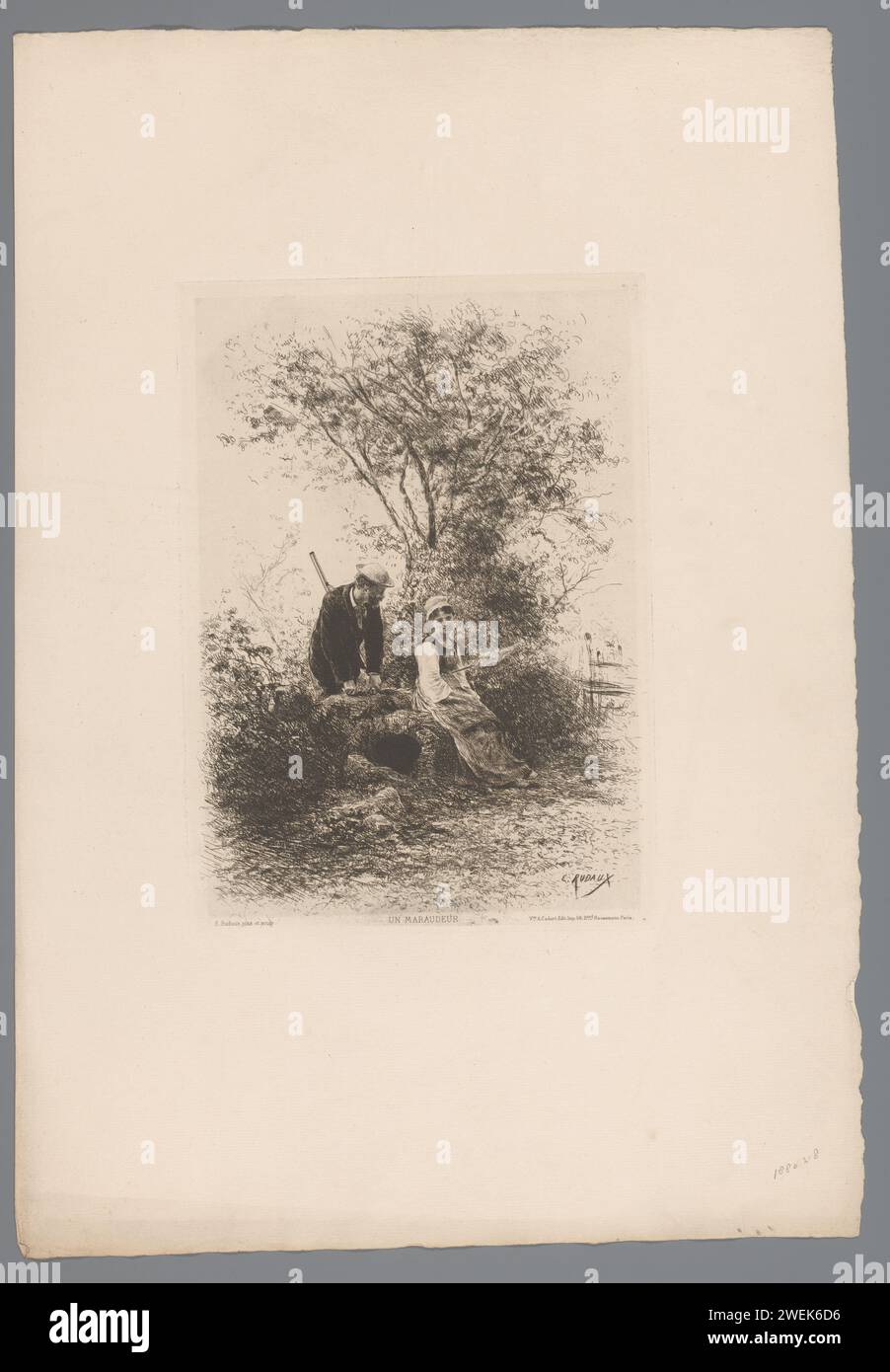 Forest landscape with hunter and a sitting young farmer's wife, Edmond ...