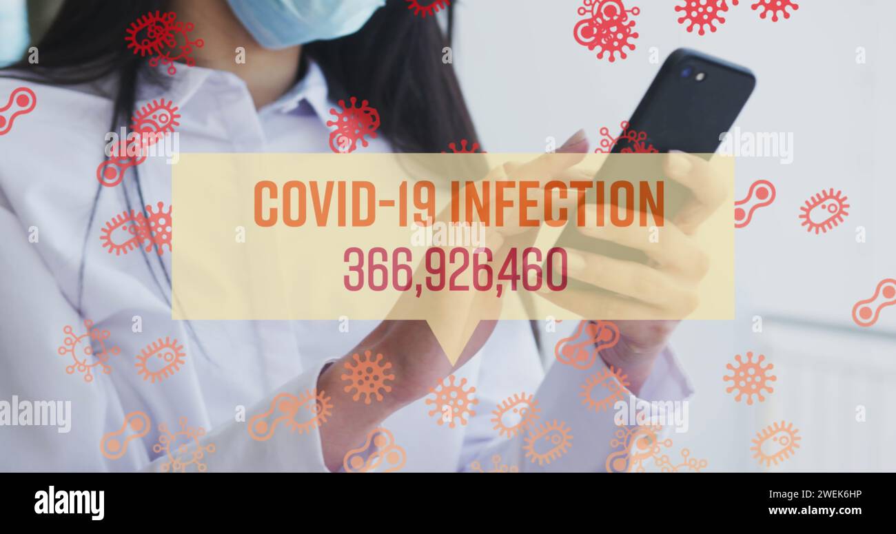Image of covid-19 infection numbers over people in face masks Stock ...