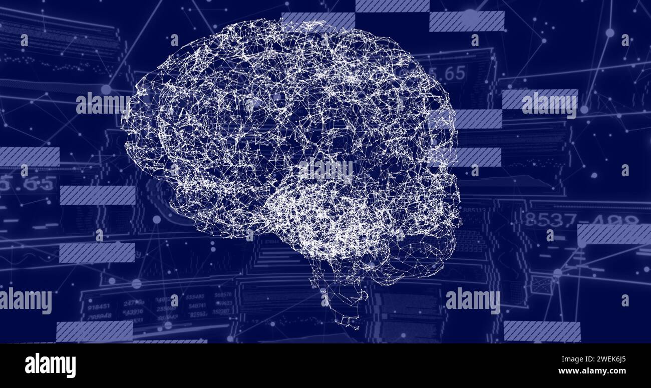 Image of digital brain and data processing over black background Stock ...