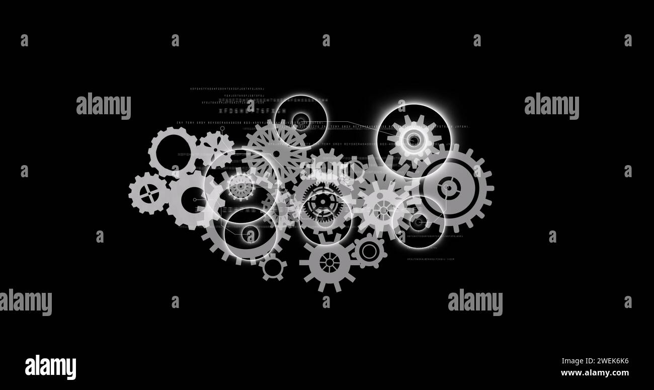 Image of cogs and data processing over black background Stock Photo - Alamy