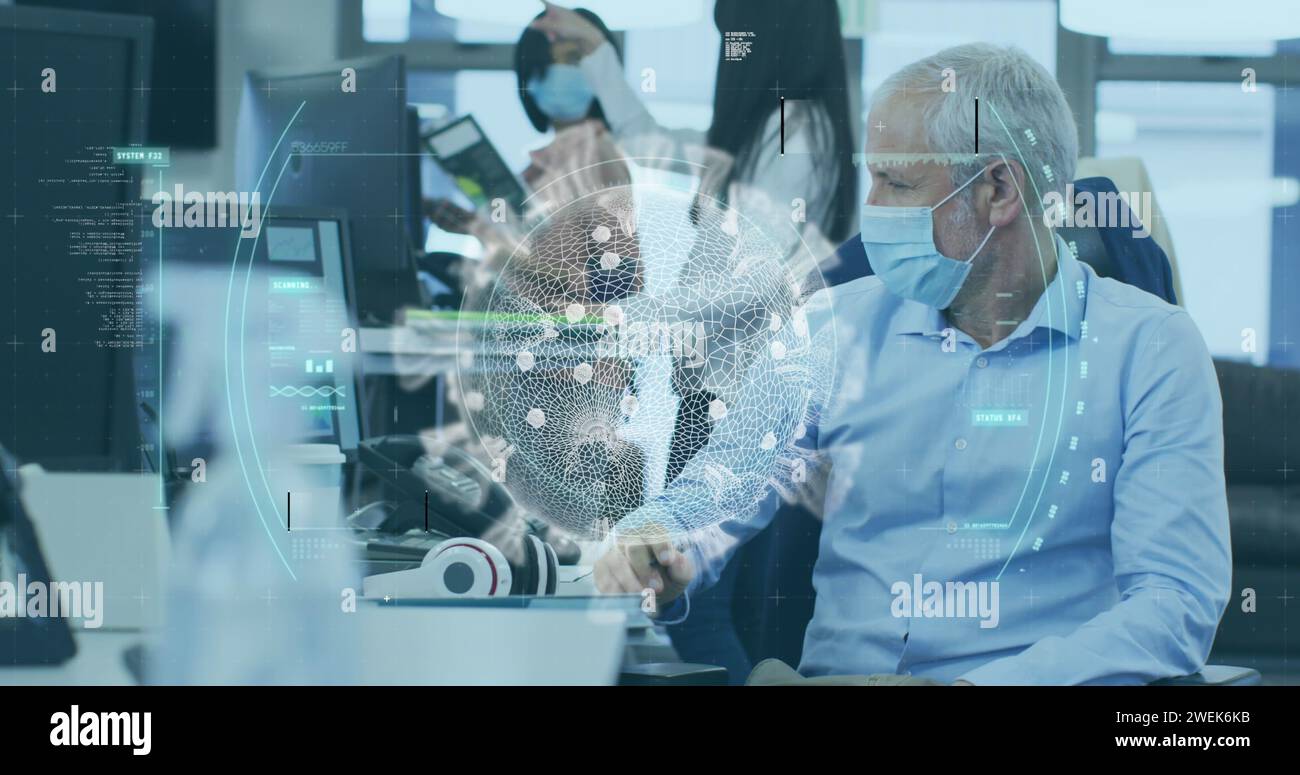 Image of digital interface showing statistics with colleagues in office ...