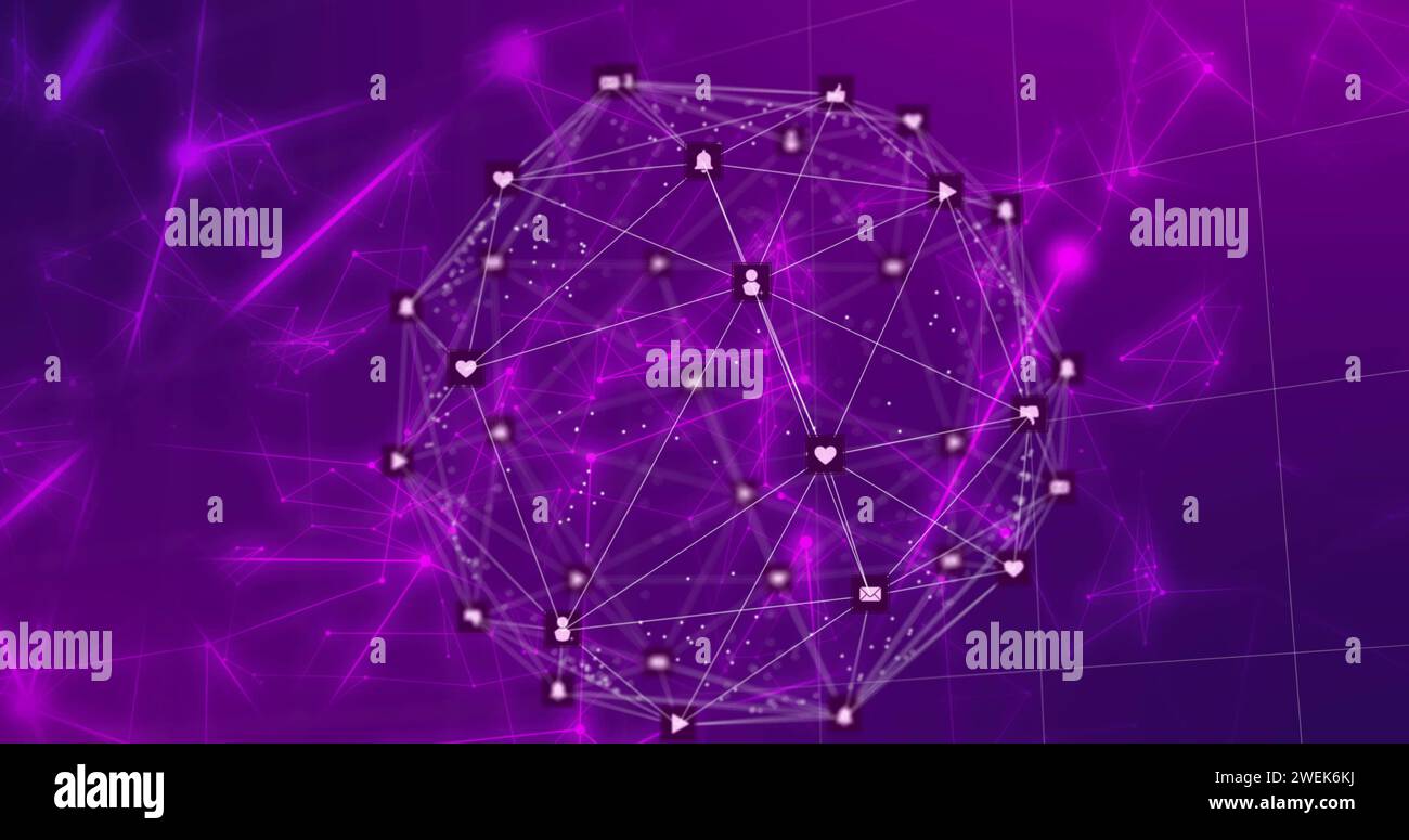 Image of globe of connections with icons on purple background Stock ...