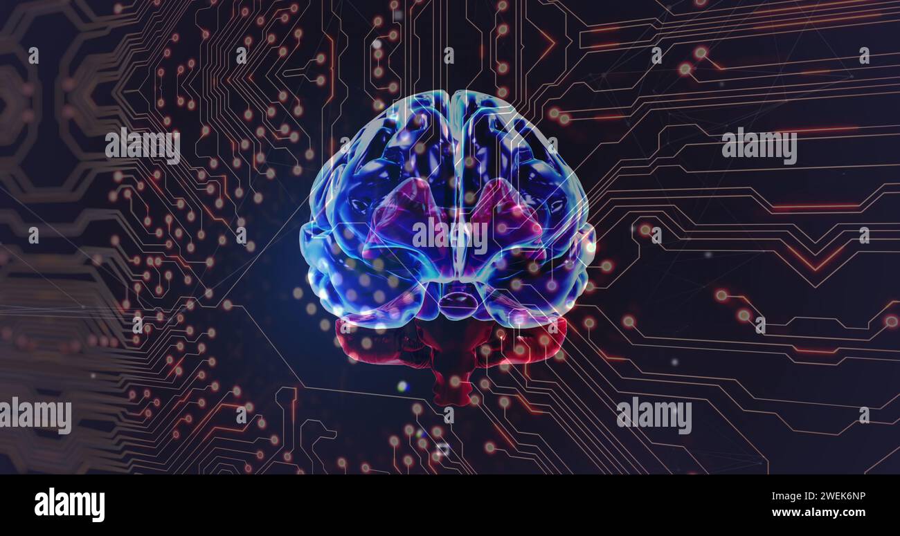 Image of digital brain over computer circuit board on black background ...