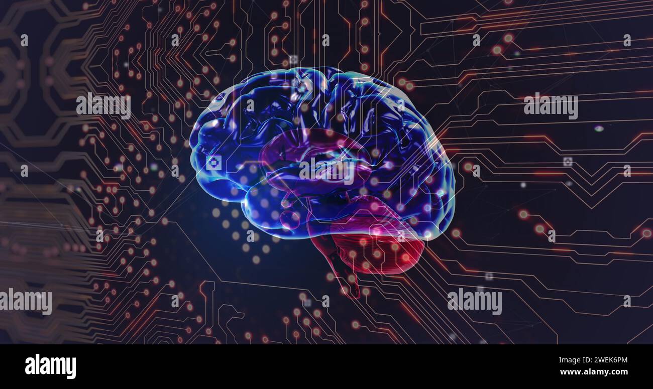 Image of digital brain over computer circuit board on black background ...