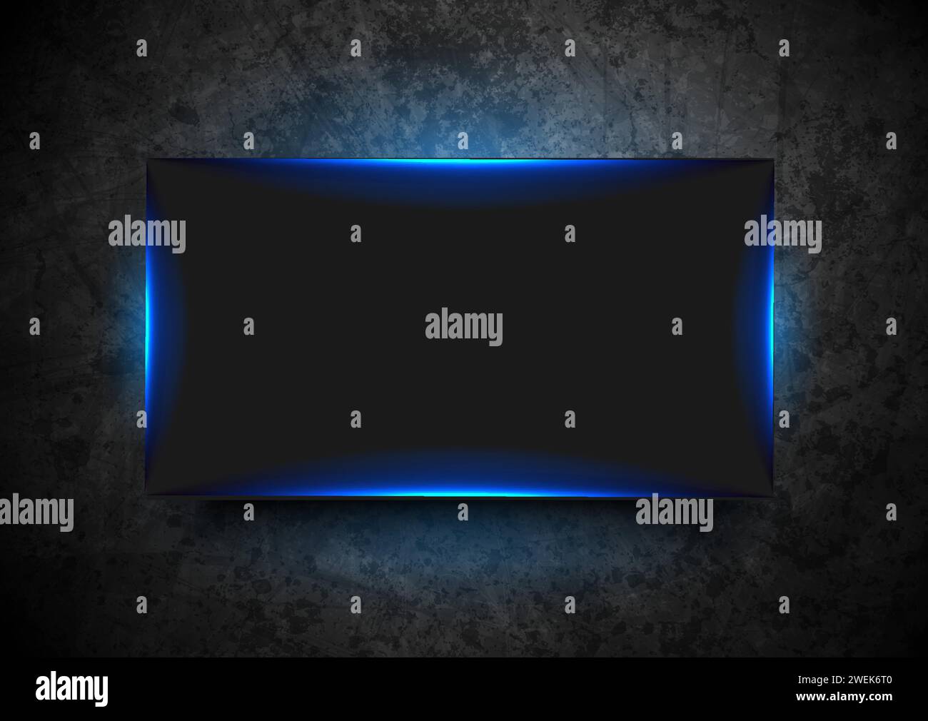 Blue neon luminous frame on dark grunge brick wall abstract background ...