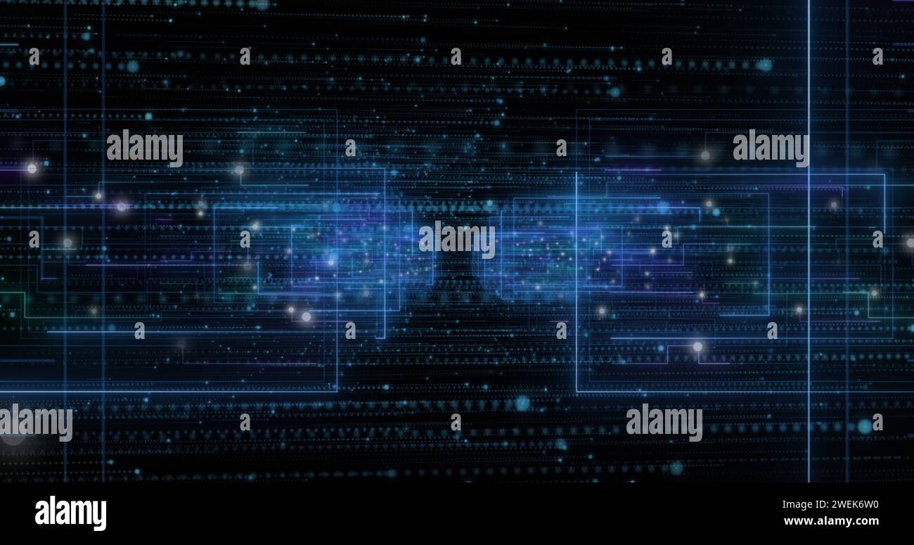 Image of data processing and network of connections over black ...