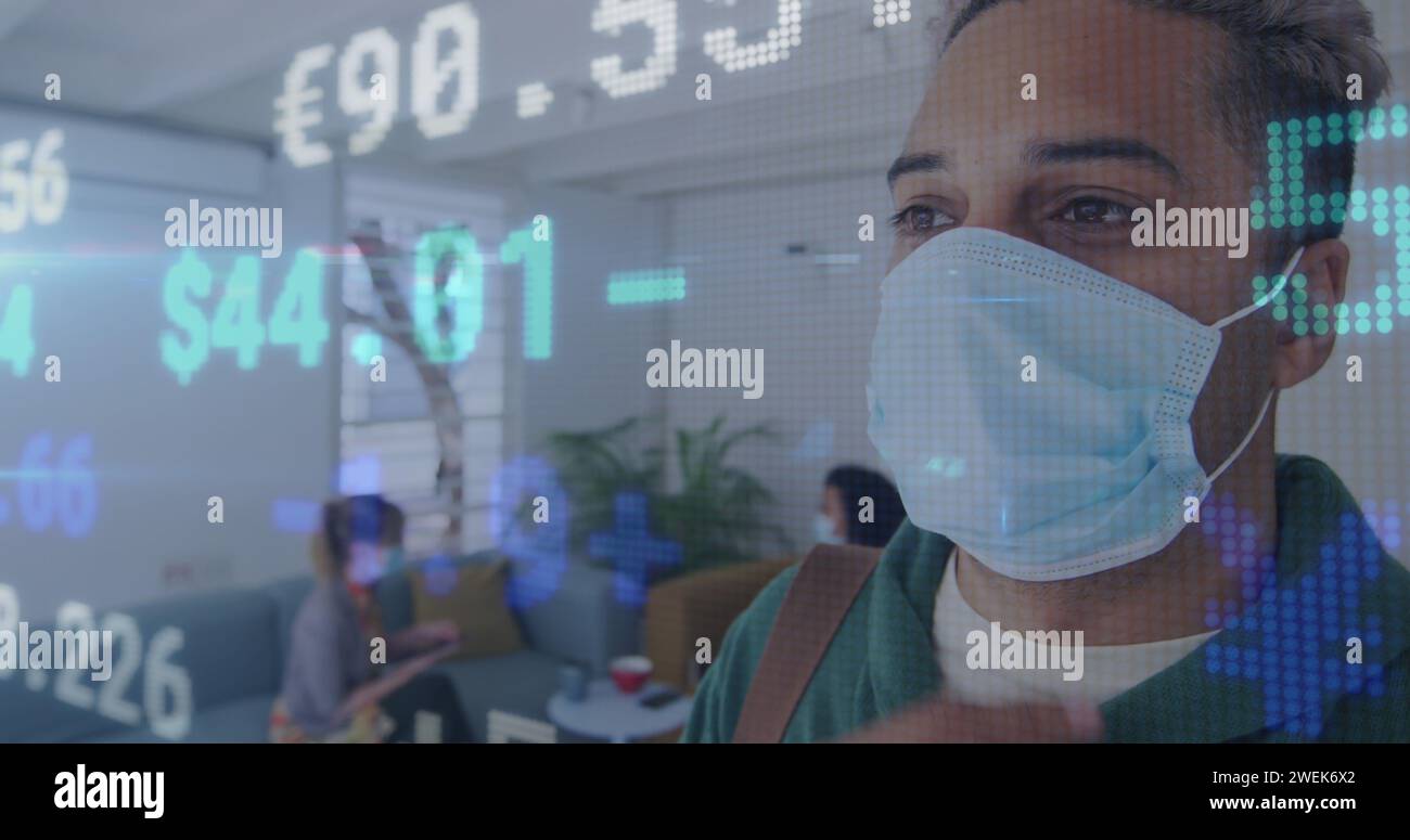 Image of digital interface showing statistics with colleagues in office ...