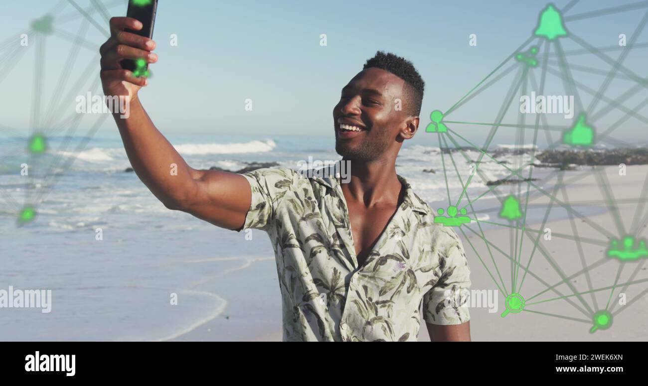 Image of spinning networks with social media digital icons over man ...