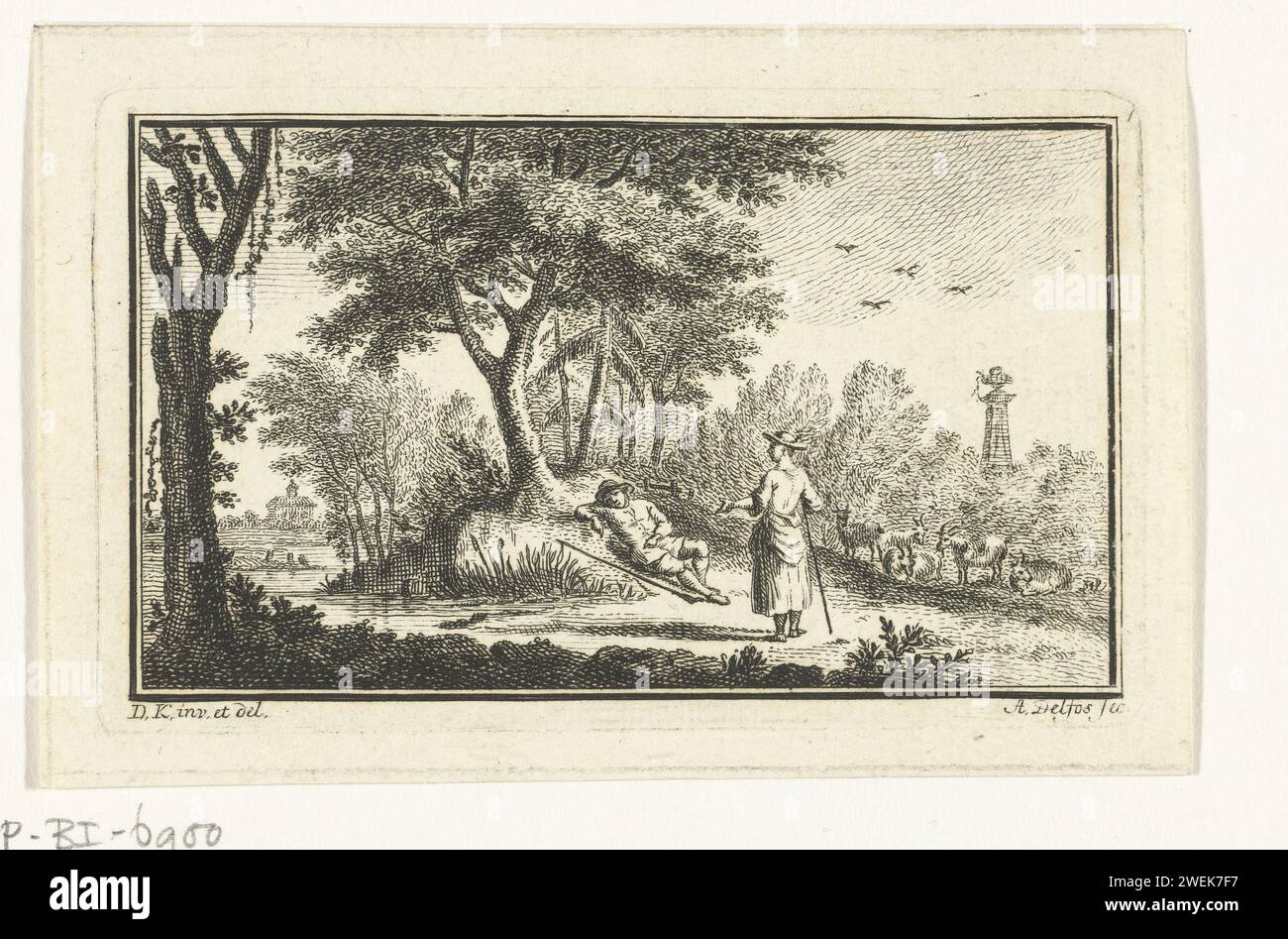 Landscape with Herder and Herderin, Abraham Delfos, after Dirk Kuipers ...