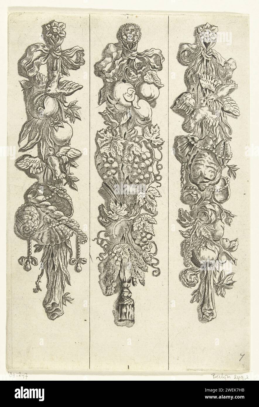 Three trophies with shells and fruit, c. 1600 - c. 1699 print Leaf from series Copies of ...