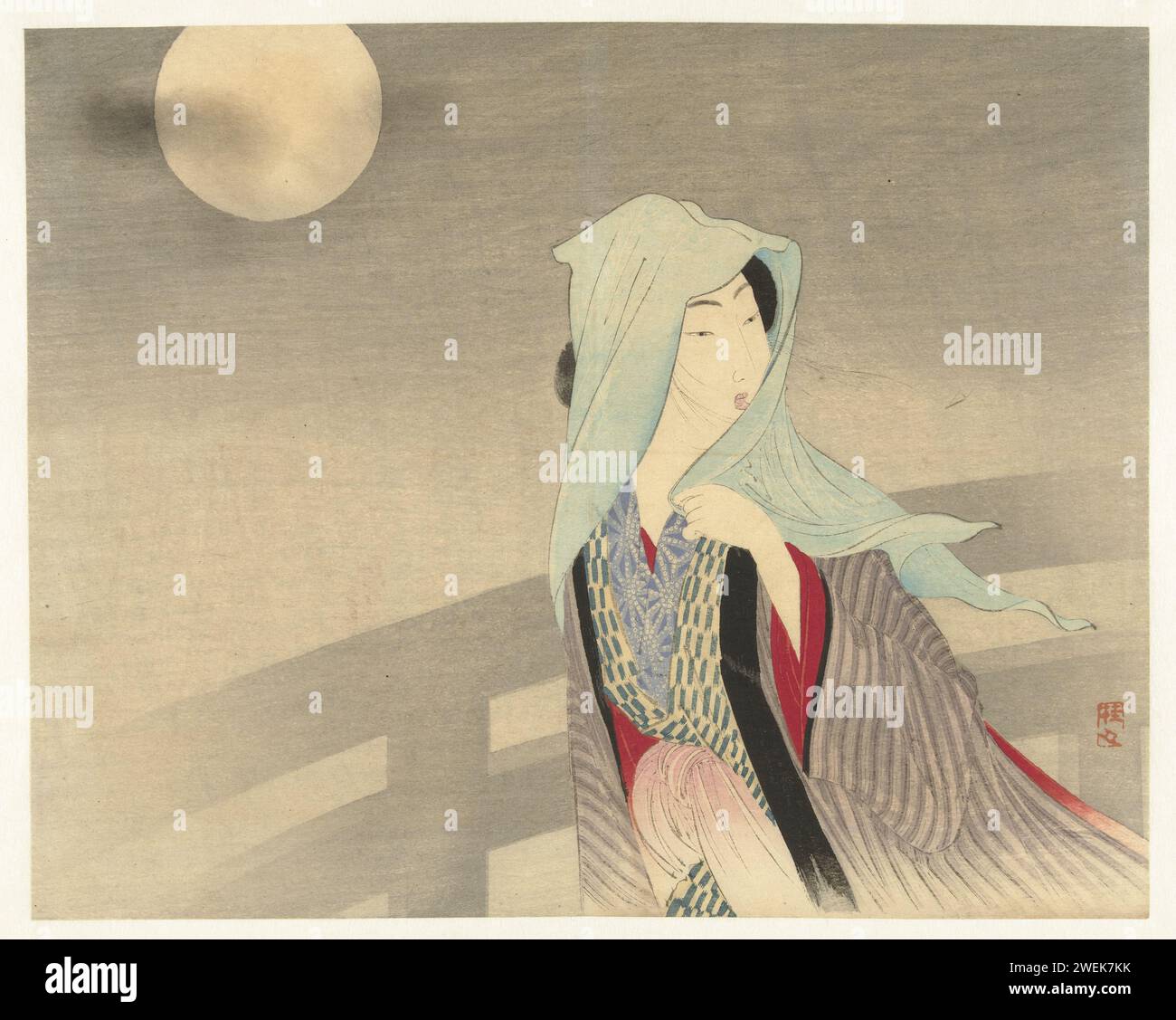 Veiled woman on a bridge at Moonlight, Takeuchi Keishu, 1900 - 1925 ...