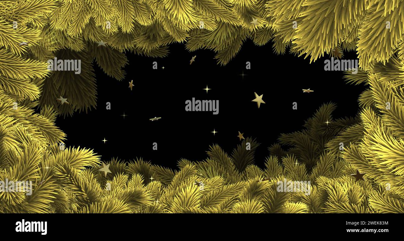 Christmas tree frame with gold stars on black background Stock Photo ...