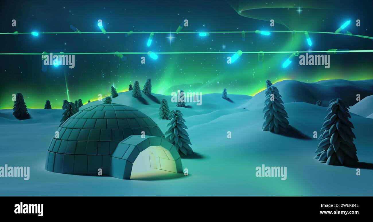 Blue christmas string lights flashing over winter scene with igloo and ...