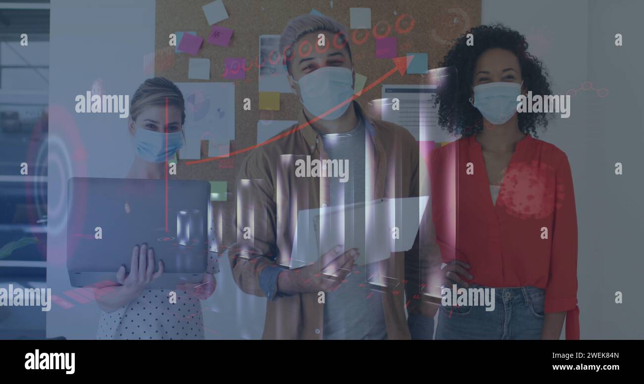 Image of digital interface showing statistics with colleagues in office ...