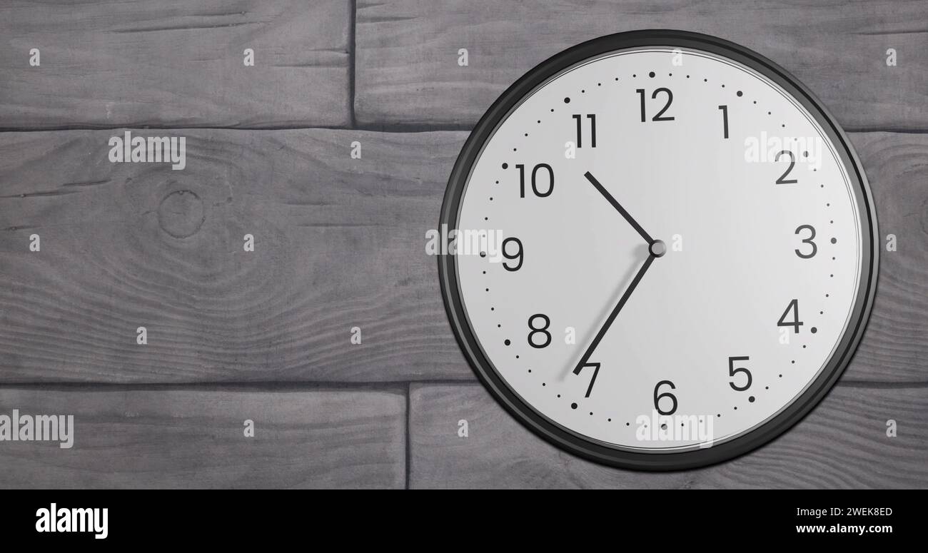 Image of clock ticking over grey tiled background Stock Photo - Alamy